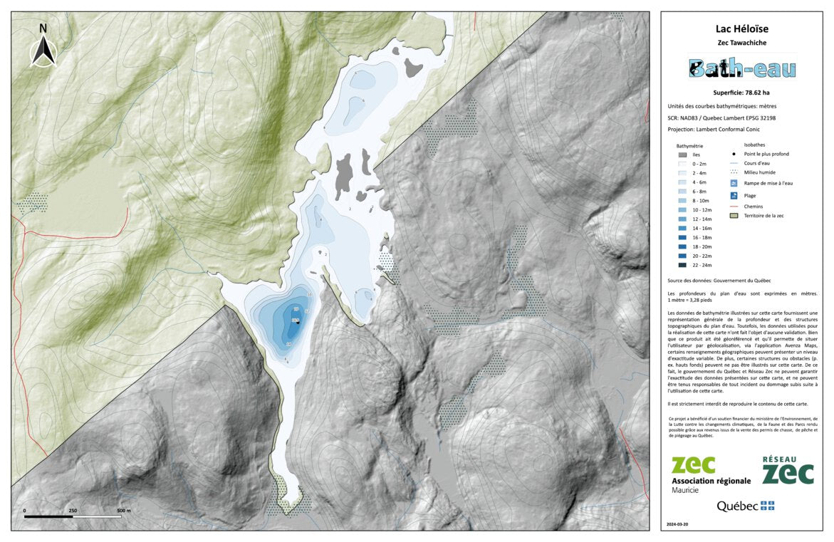 Carte bathymétrique du Lac Héloïse de la zec Tawachiche (2024) Map by ...
