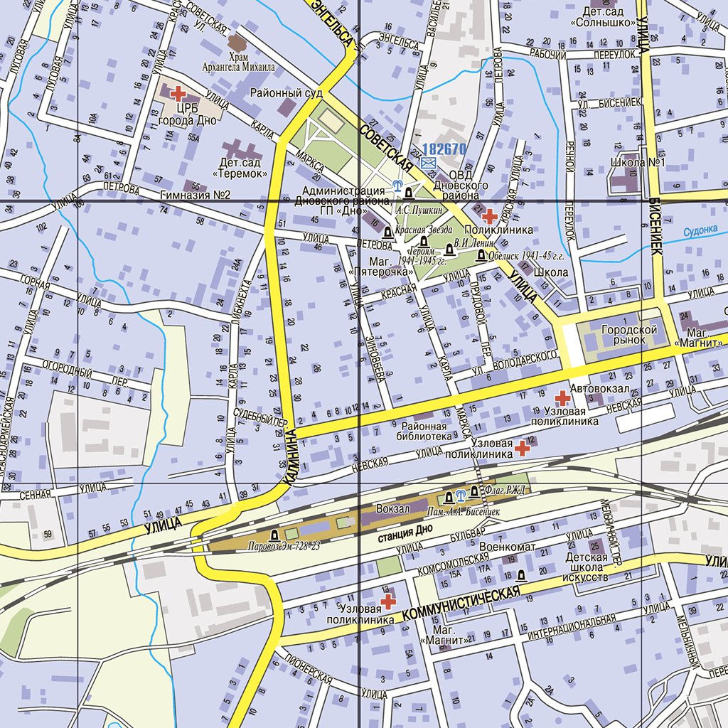 Дно, план города. Dno Town Plan Map by Waldin | Avenza Maps