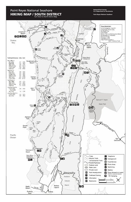 NPS, South District Hiking Map, Point Reyes NS by Point Reyes NS ...