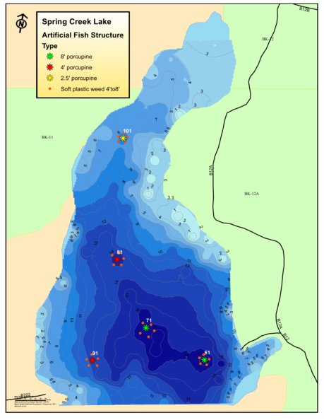 Spring Creek Lake Fish Habitat Locations Map by Biologist corner ...