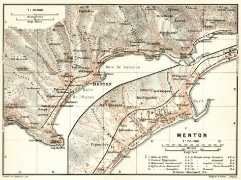 Menton town plan with map of the environs of Menton, 1902 by Waldin ...