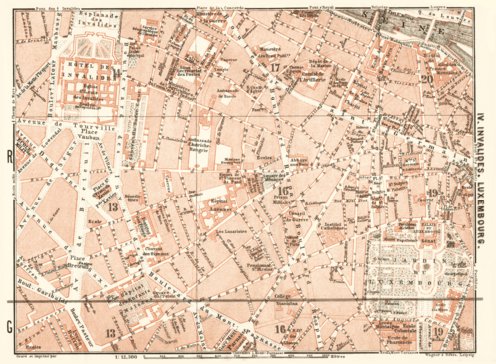 Central Paris districts Map: Invalides and Luxembourg, 1903 by Waldin ...