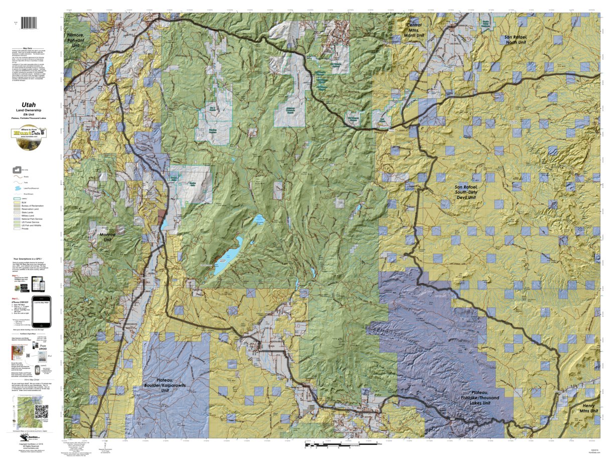 Plateau, Fishlake, Thousand Lakes Utah Elk Hunting Unit Map with Land ...