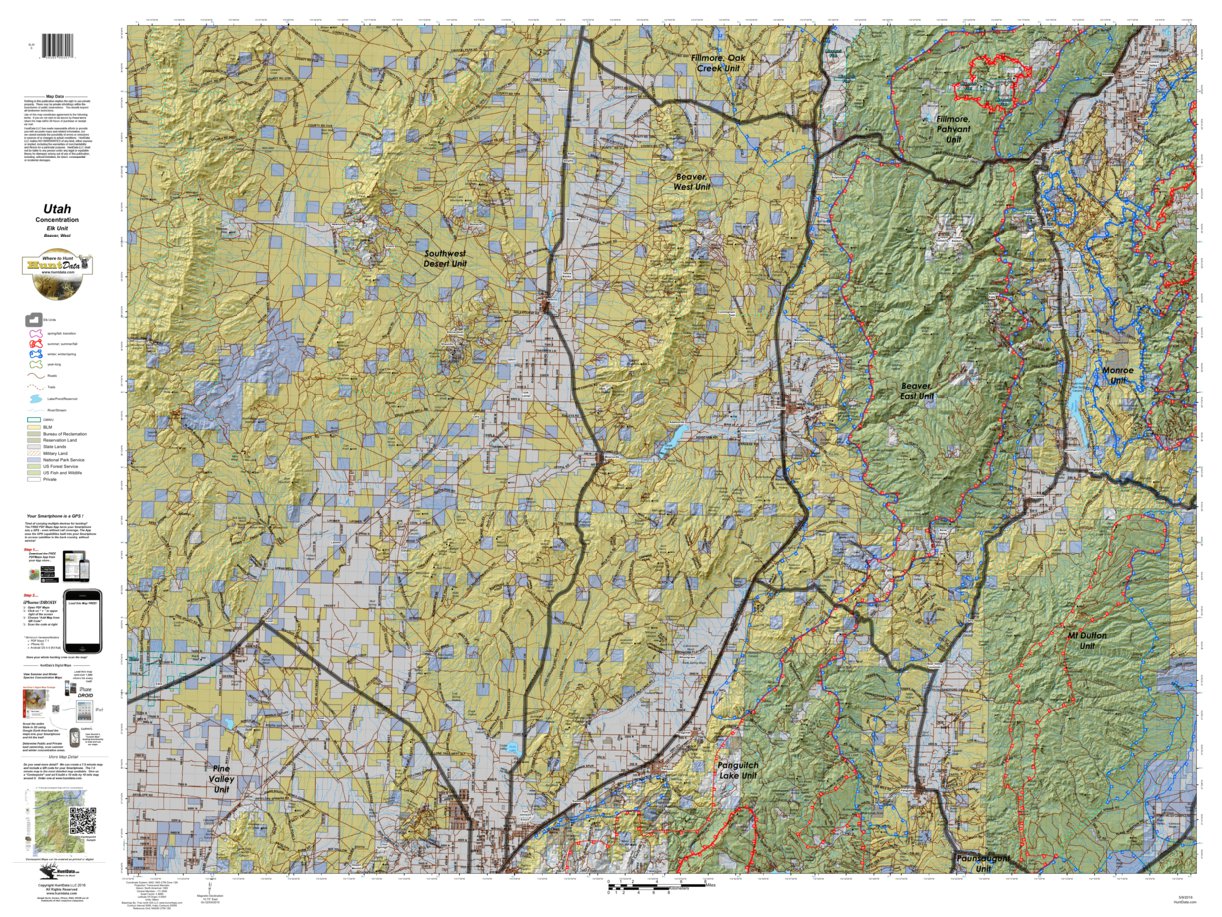 Beaver West Utah Elk Hunting Unit Map with Land Ownership and Concentrations by HuntData LLC ...