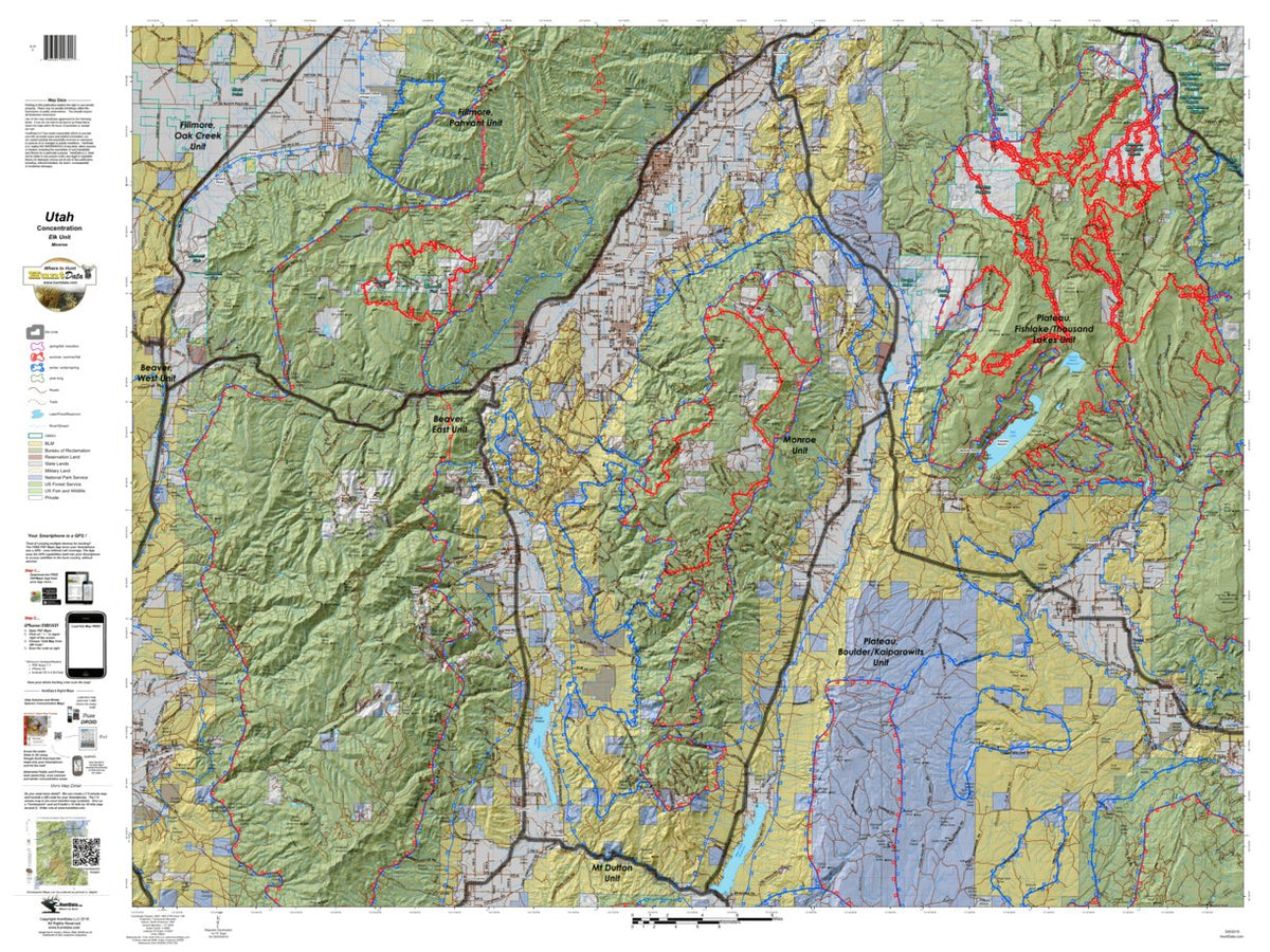 Monroe Utah Elk Hunting Unit Map with Land Ownership and Concentrations ...