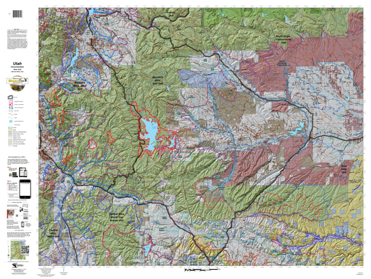 Wasatch Mtns, East Utah Mule Deer Hunting Unit Map with Land Ownership ...