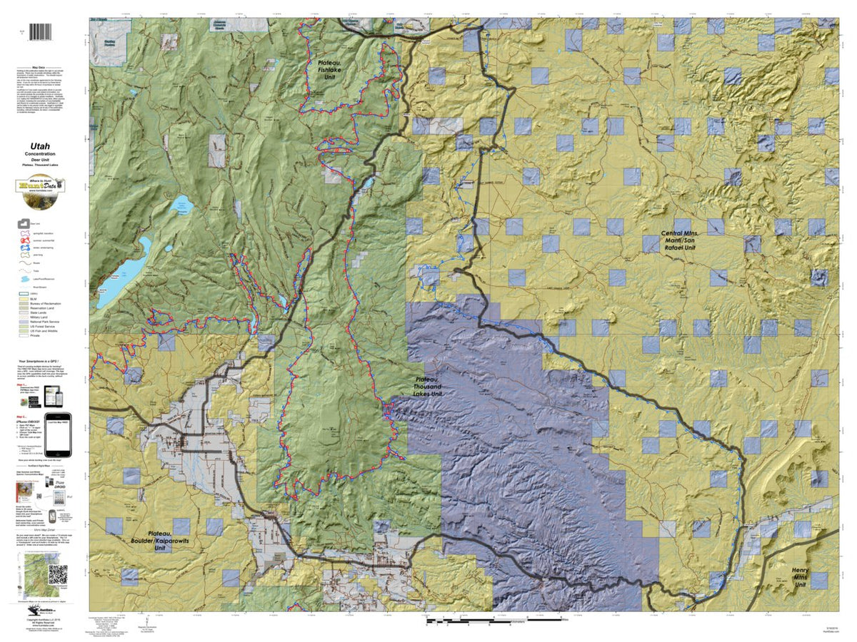Plateau, Thousand Lakes Utah Mule Deer Hunting Unit Map with Land ...