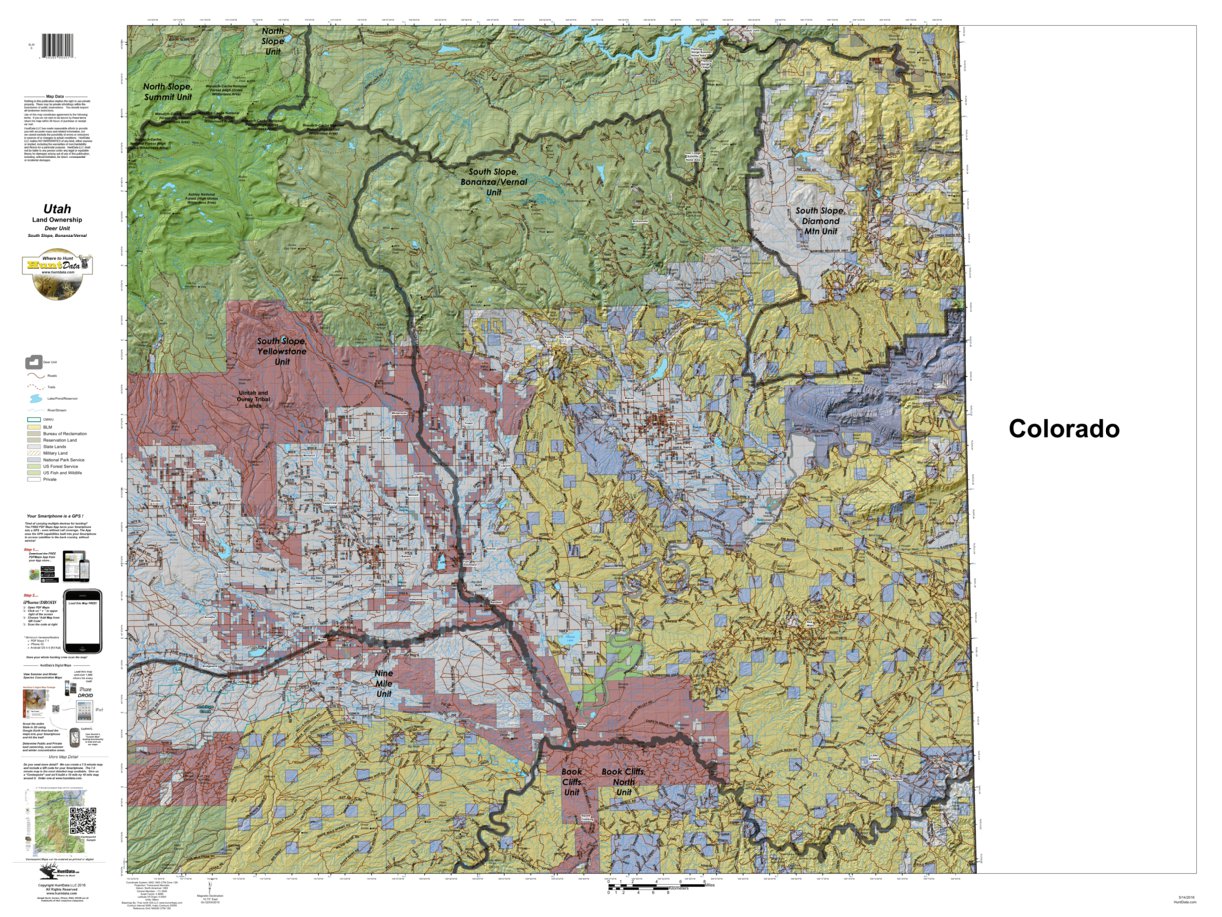 South Slope, Bonanza Vernal Utah Mule Deer Hunting Unit Map with Land ...