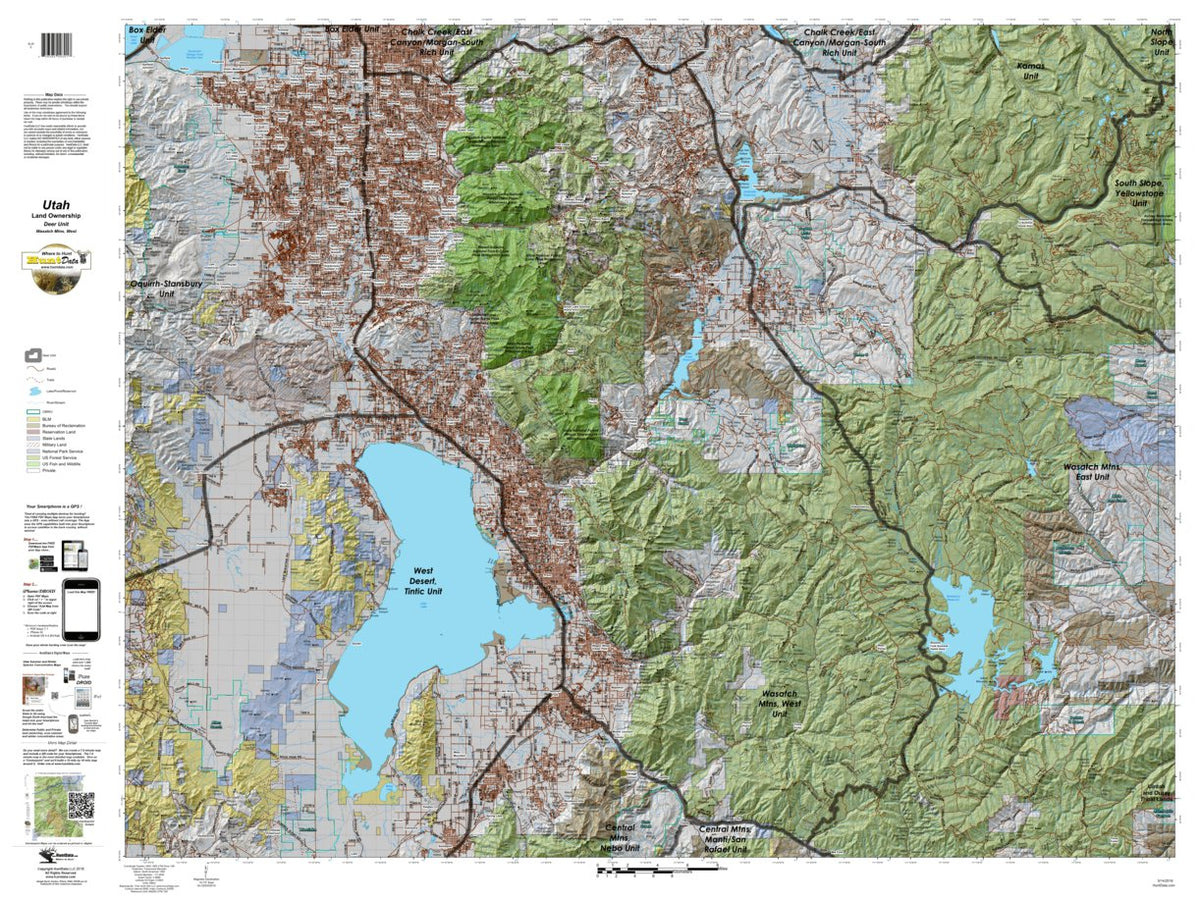 Wasatch Mtns, West Utah Mule Deer Hunting Unit Map with Land Ownership ...