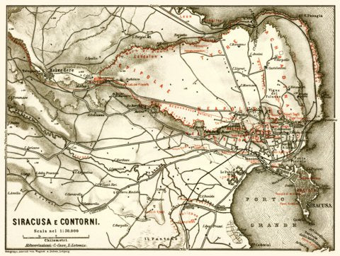 Syracuse (Siracusa) environs Map, 1912 by Waldin | Avenza Maps