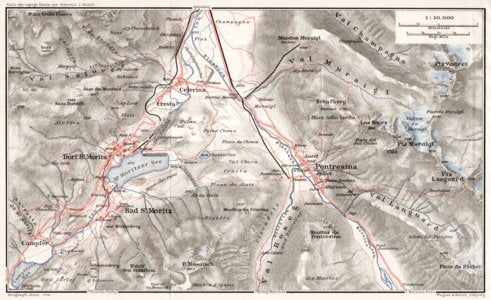 St. Moritz and Pontresina environs Map, 1909 by Waldin | Avenza Maps
