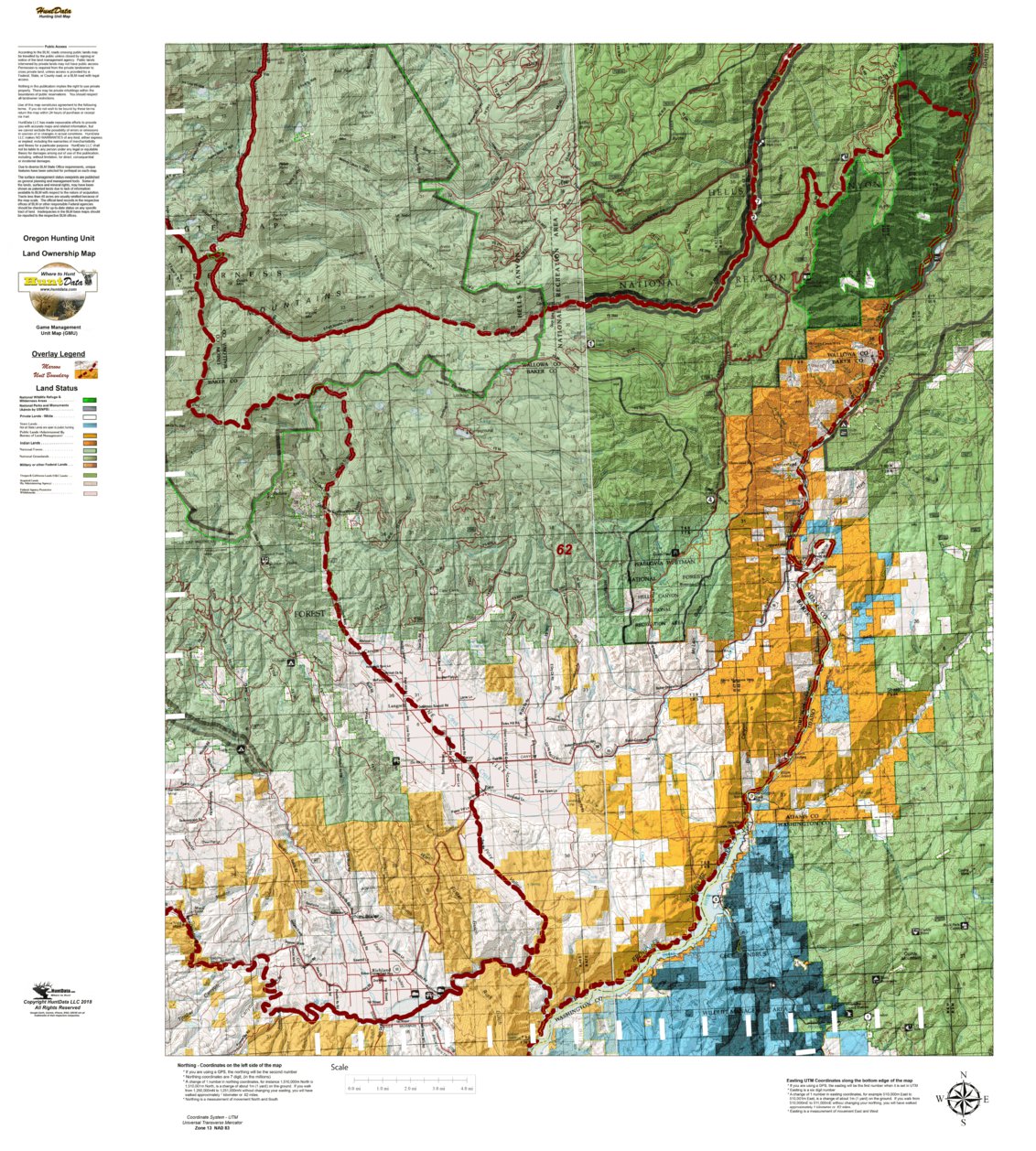 Oregon Hunting Unit 62, Pine Creek Land Ownership Map by HuntData LLC ...