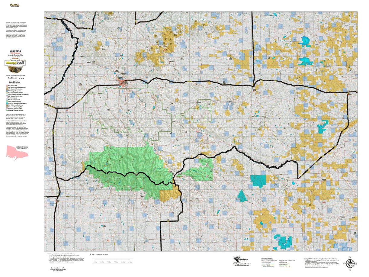 Montana Elk Hunting District 411 Land Ownerhip Map by Montana HuntData ...
