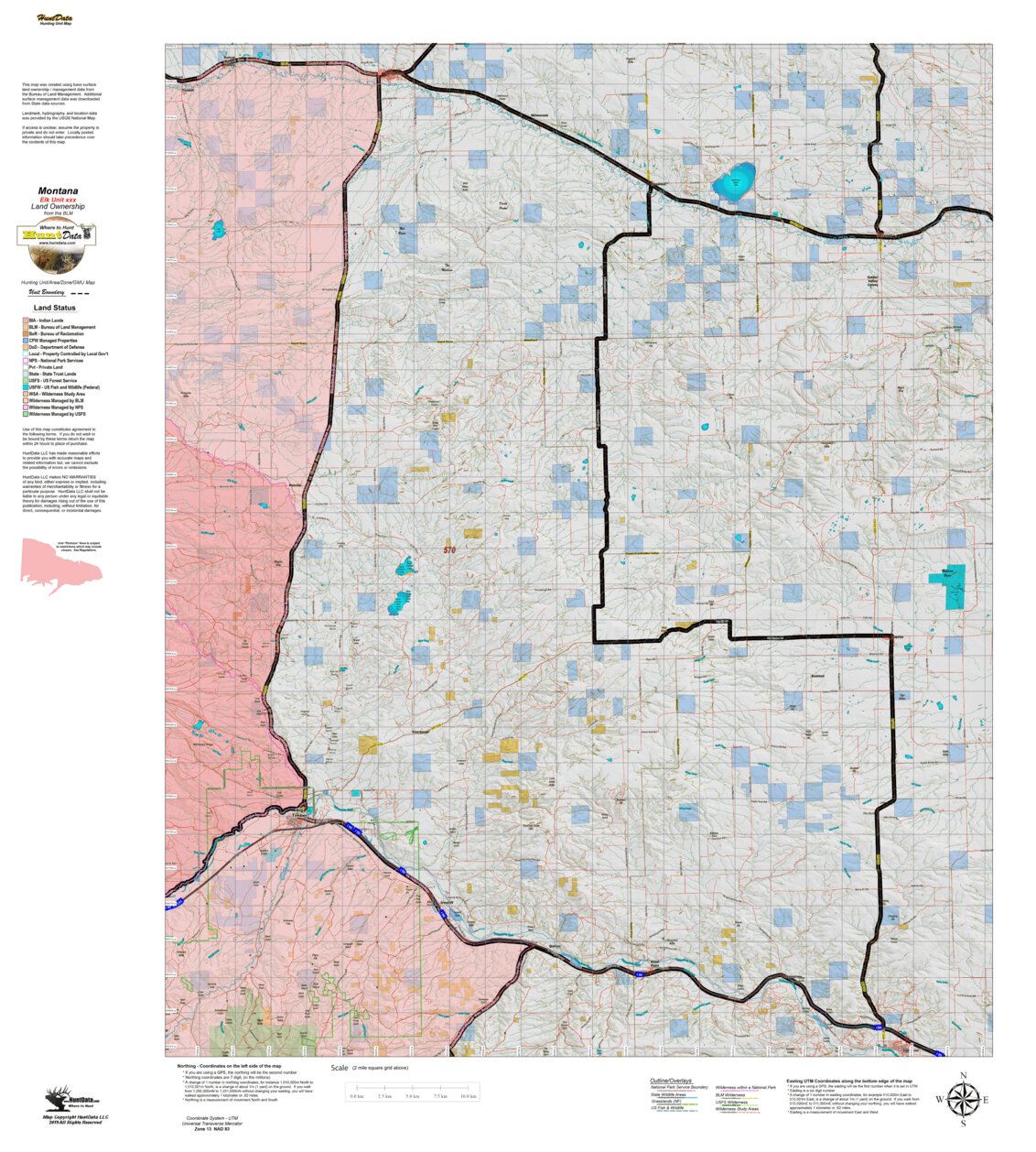 Montana Elk Hunting District 570 Land Ownerhip Map by Montana HuntData ...