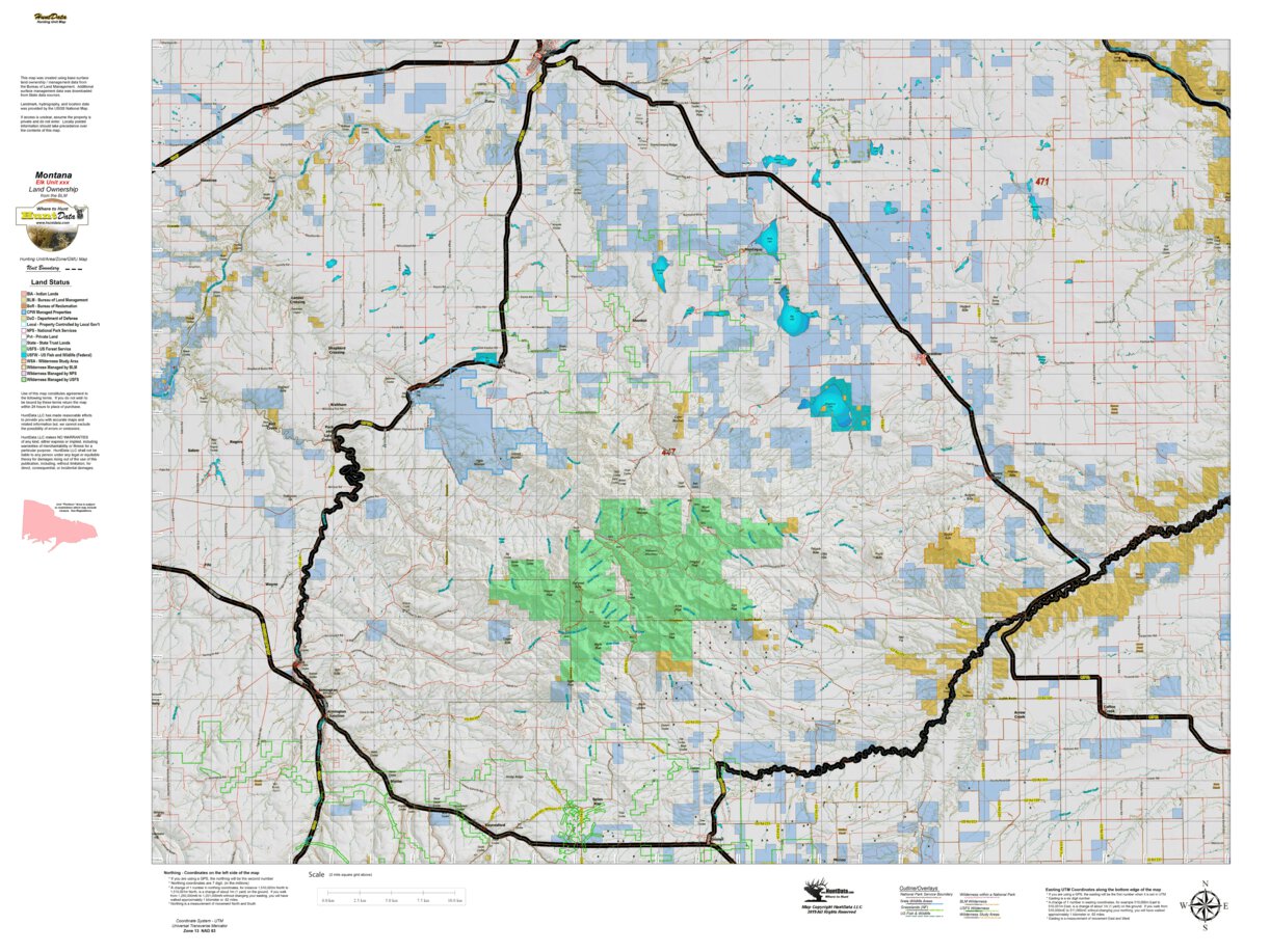 Montana Elk Hunting District 447 Land Ownerhip Map by Montana HuntData ...