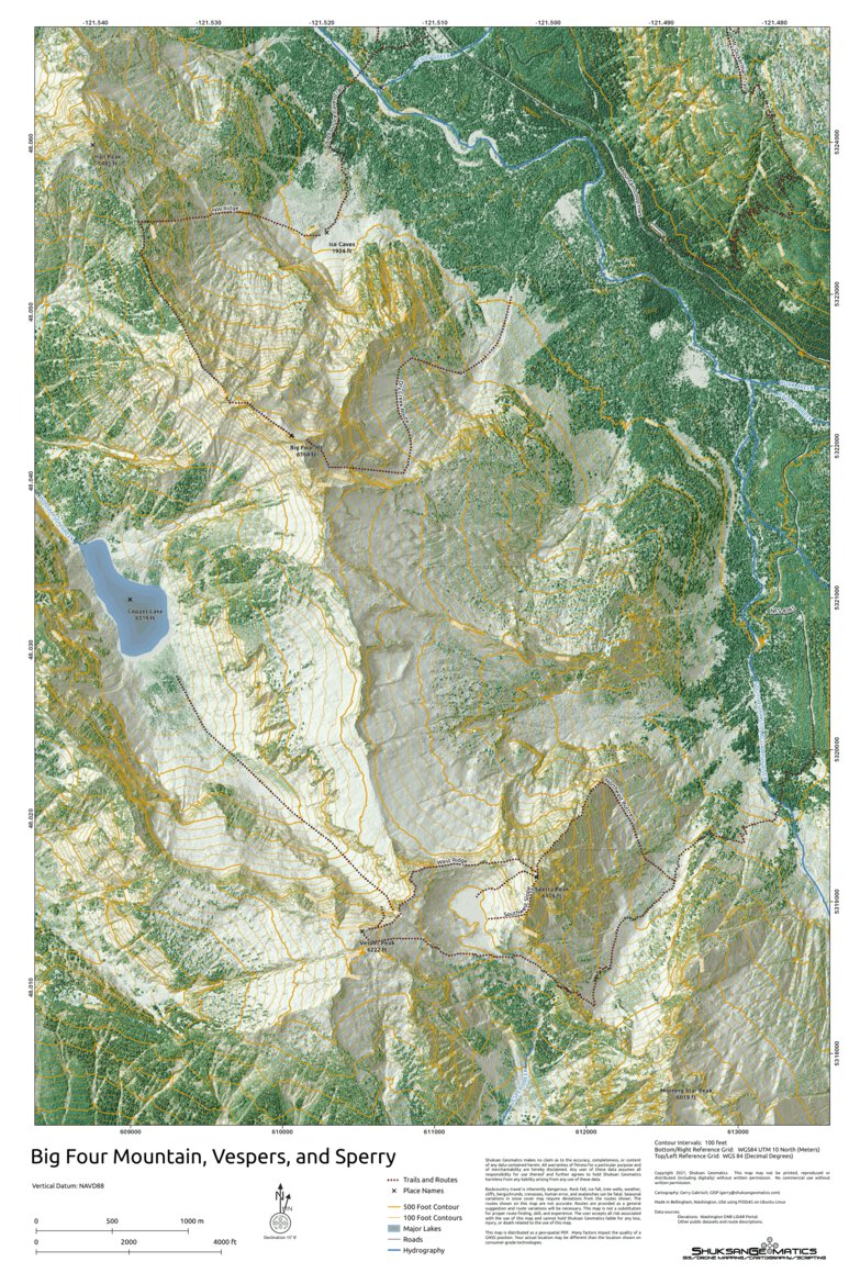 Big Four Mountain, Vesper, and Sperry Climbing Routes Map by Shuksan ...