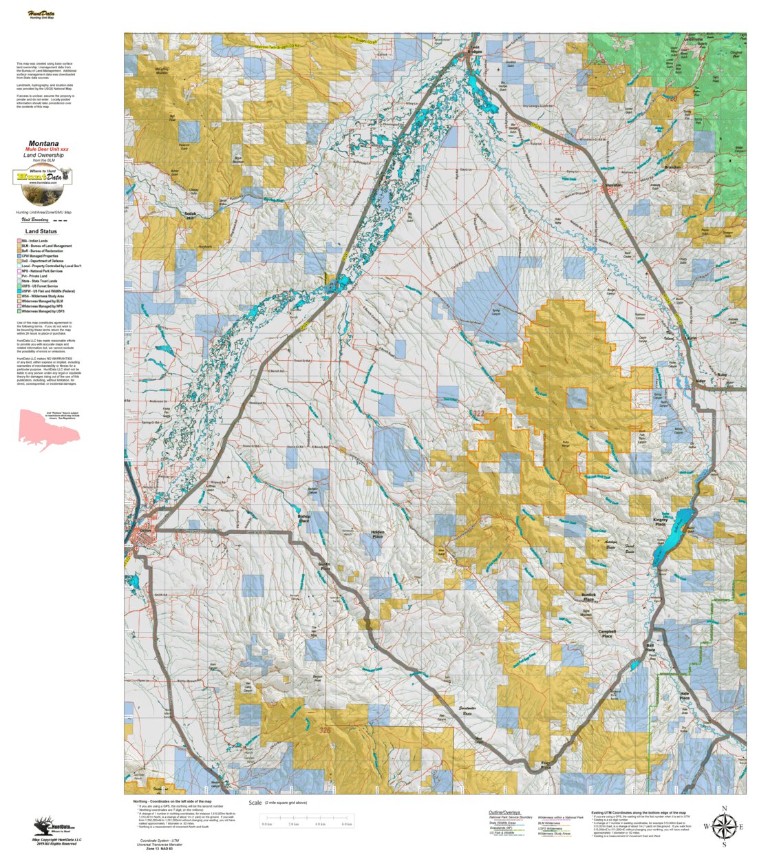 Montana Mule Deer Hunting District 322 Land Ownerhip Map by Montana ...