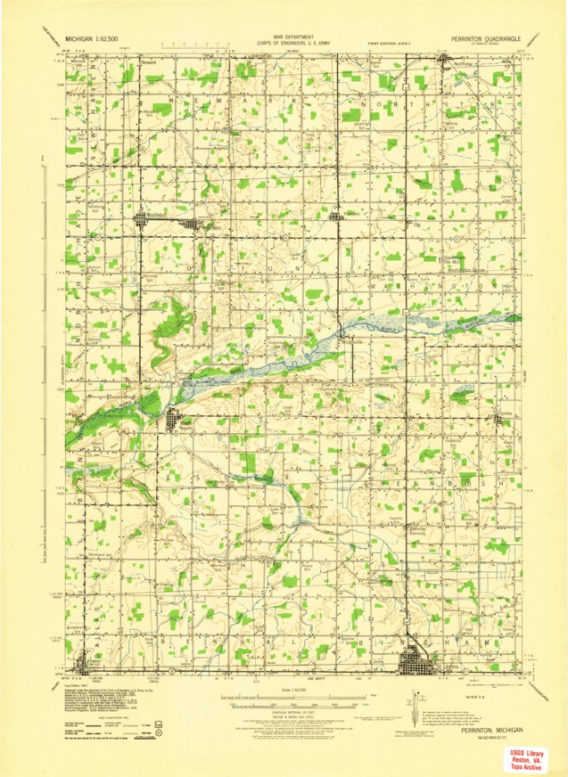 Perrinton, MI (1943, 62500-Scale) Map by United States Geological ...