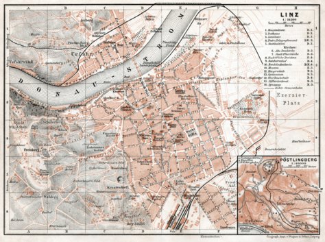 Linz city Map with Map inset of Pöstlingberg, 1910 by Waldin | Avenza Maps