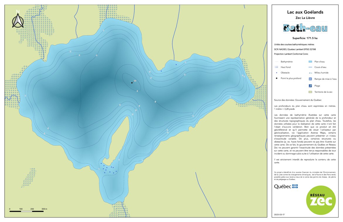 Carte bathymétrique du lac aux Goélands de la zec La Lièvre (2023) Map ...