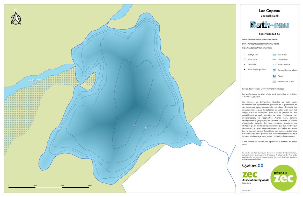 Carte bathymétrique du lac Copeau de la zec Kiskissink (2023) Map by ...