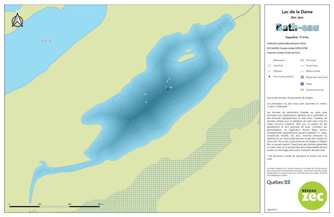 Carte bathymétrique du lac de la Dame de la zec Jaro (2023) Map by Zecs ...