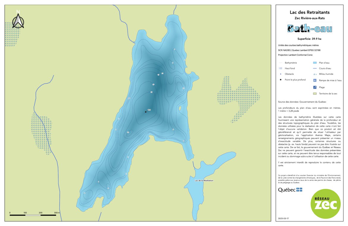 Carte bathymétrique du lac des Retraitants de la zec Rivière-aux-Rats ...