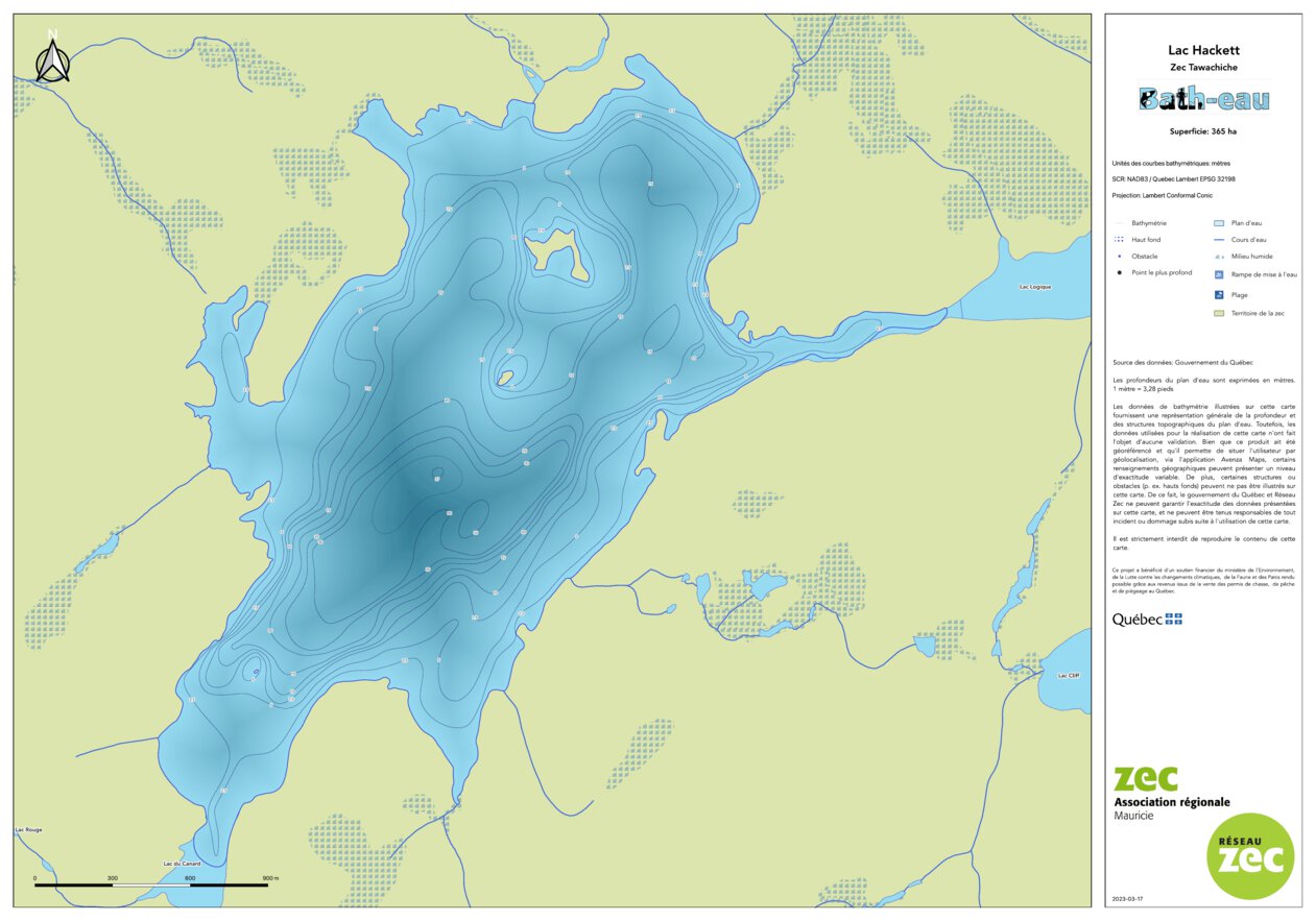 Carte bathymétrique du lac Hackett de la zec Tawachiche (2023) Map by ...