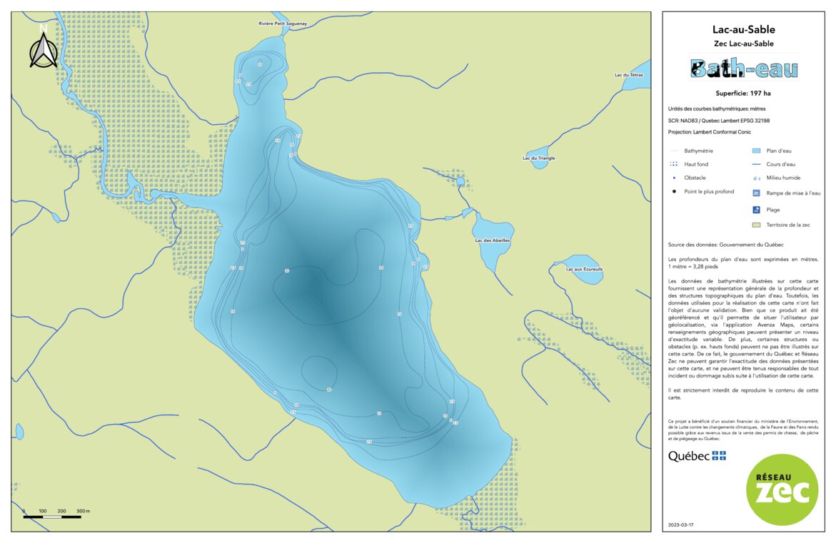 Carte bathymétrique du lac Lac-au-Sable de la zec Lac-au-Sable (2023 ...