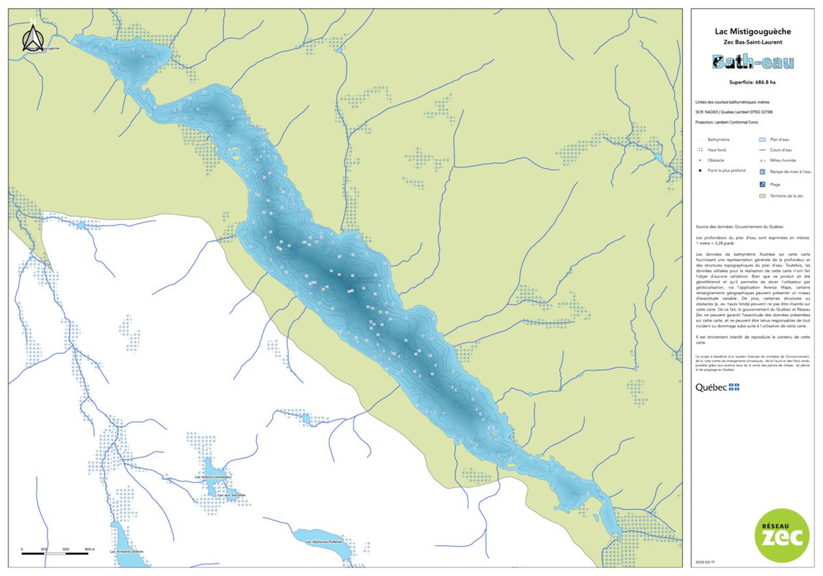 Carte bathymétrique du lac Mistigougèche de la zec Bas-Saint-Laurent ...