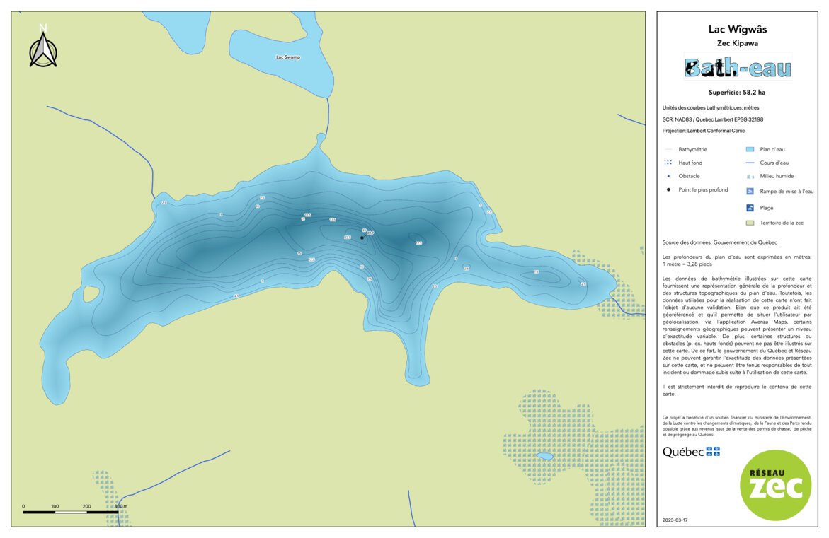 Carte bathymétrique du lac Wîgwâs de la zec Kipawa (2023) Map by Zecs ...